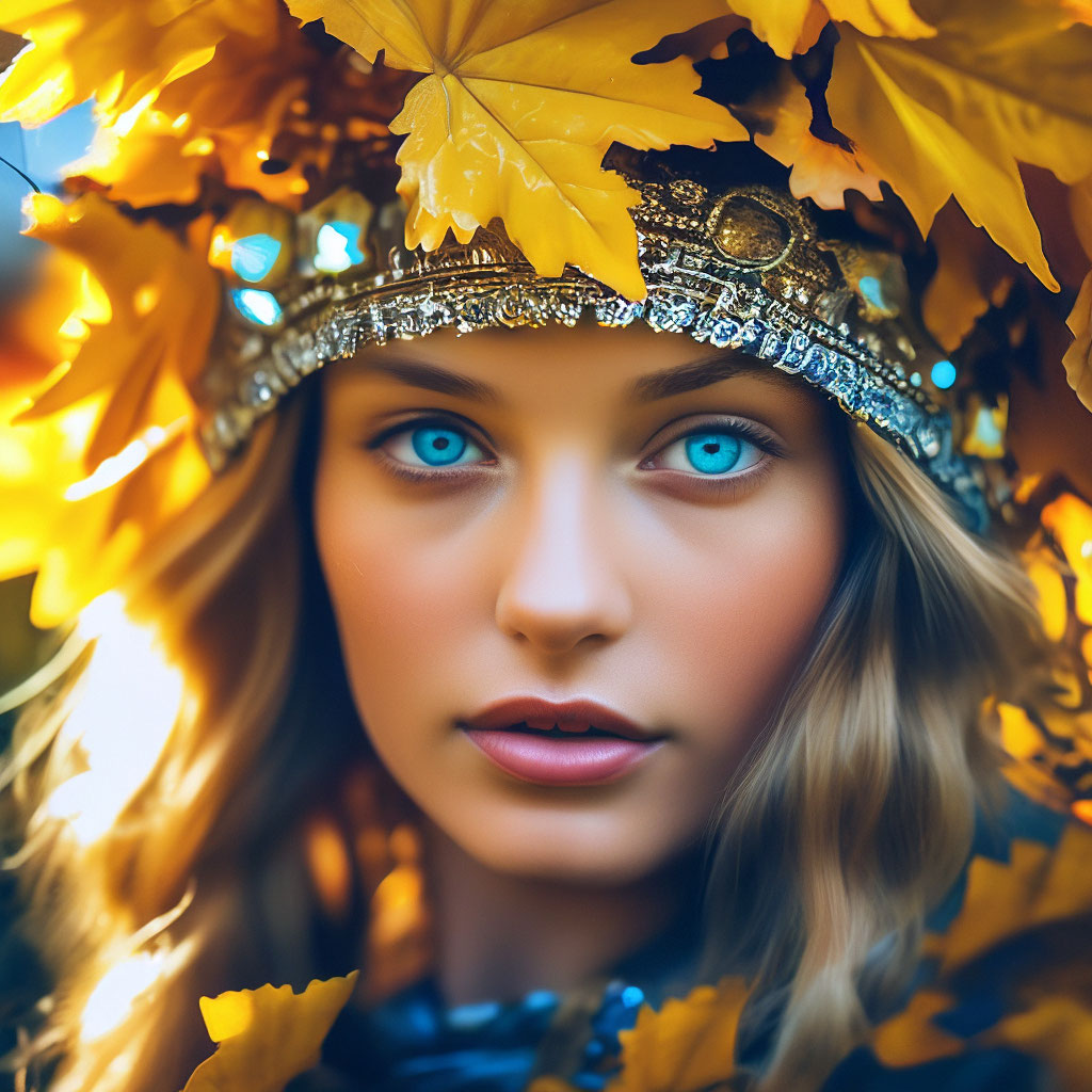 "Beautiful girl with blue eyes in a wreath of yellow maple leaves ...