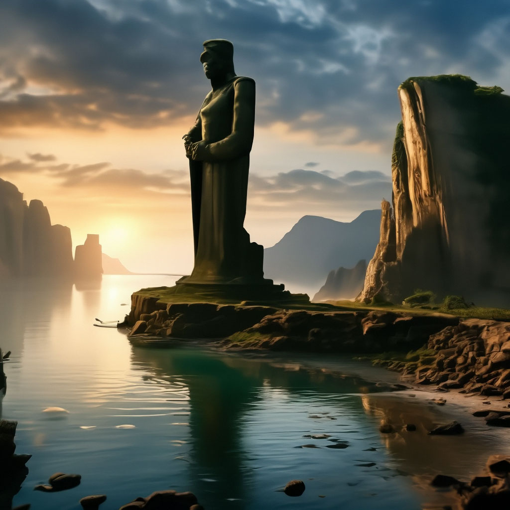 "Sea bay with a strait between two shores, colossal ancient decrepit ...