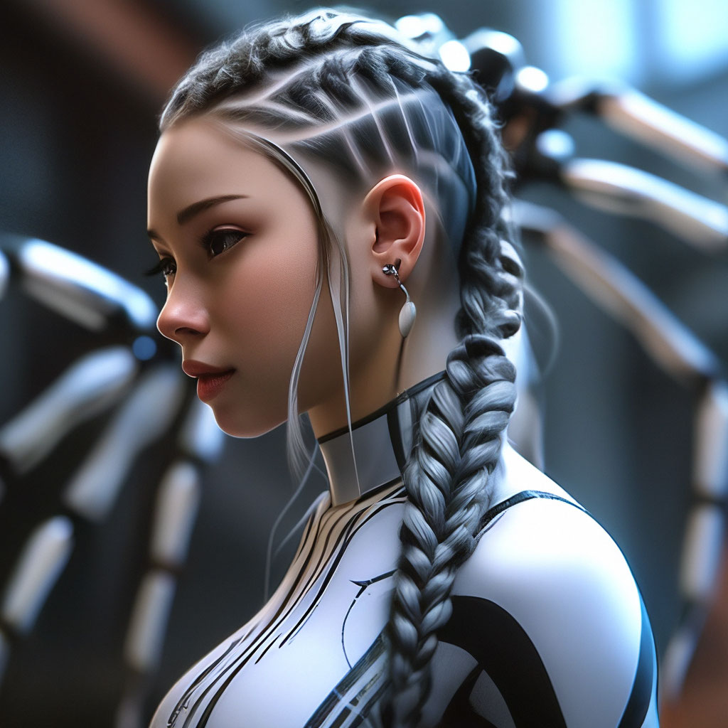 "Spider-girl, cyberpunk, spider legs on the back, white+black braids ...