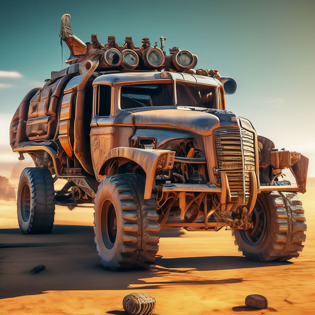 "Old rusty retro battle truck from mad max universe , full body shot ...