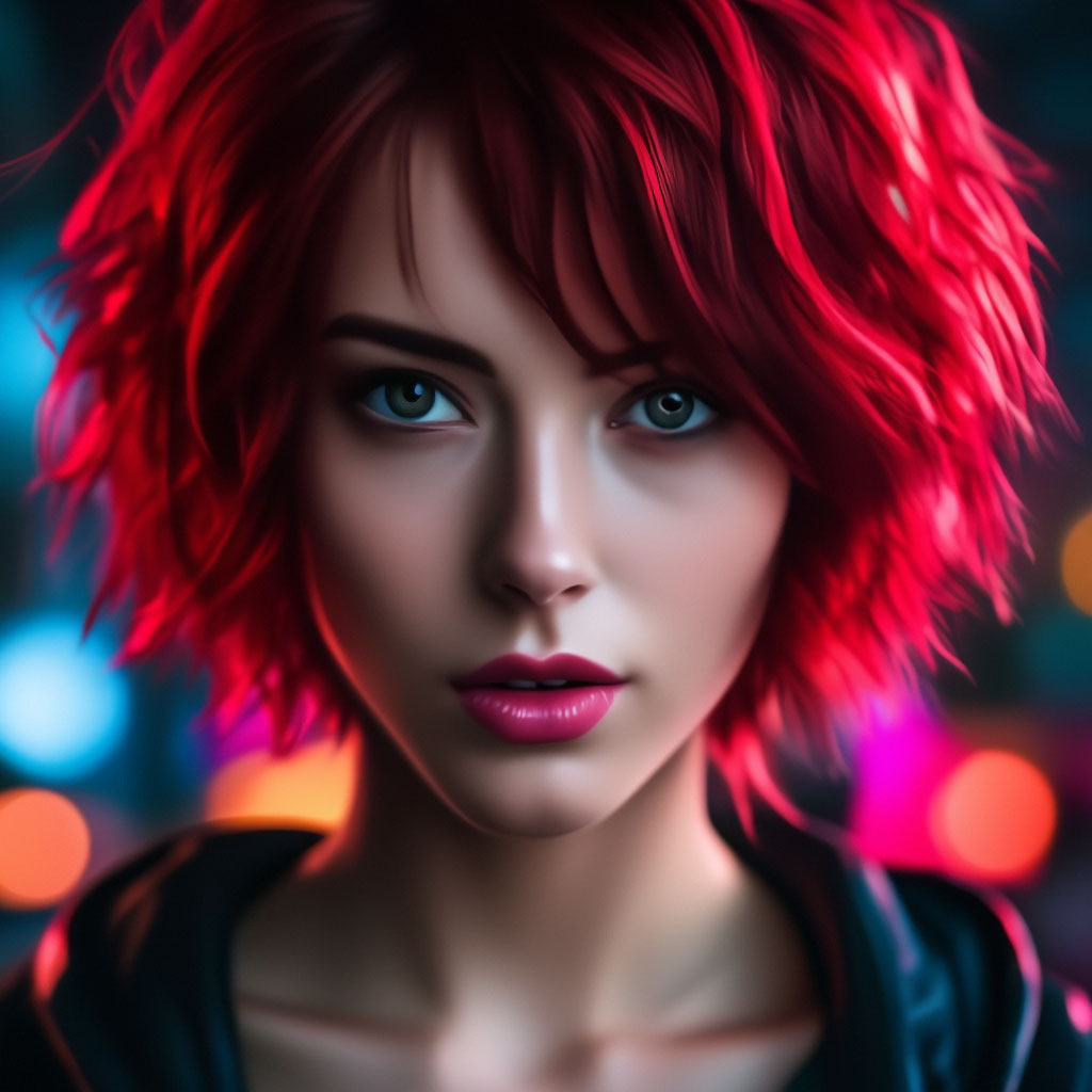 "Red short shaggy hair,pink eyes,plump lips, beautiful, neon lighting ...