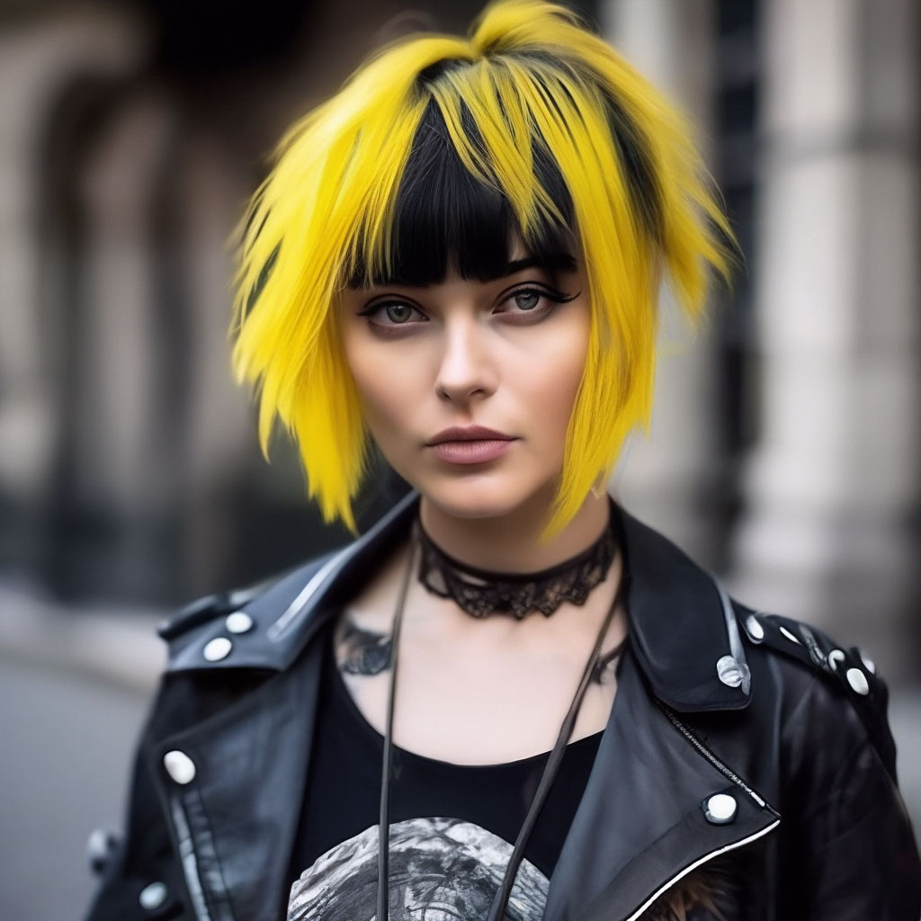 "Beautiful bold girl, yellow-black hair, ragged bangs, asymmetrical ...
