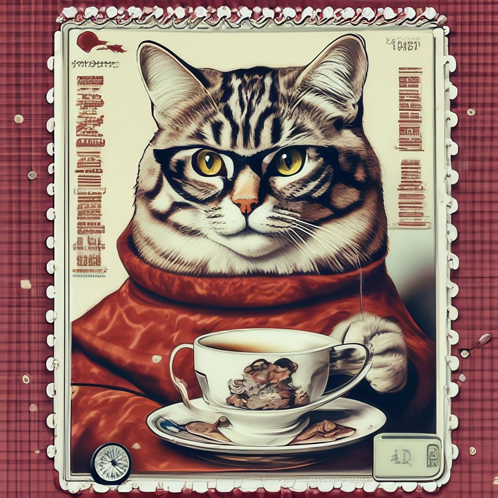 "Cat with glasses drinking tea, postage stamp" — image created in Shedevrum