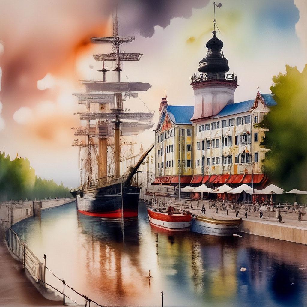 "River ships Kaliningrad landscape watercolor" — image created in Shedevrum