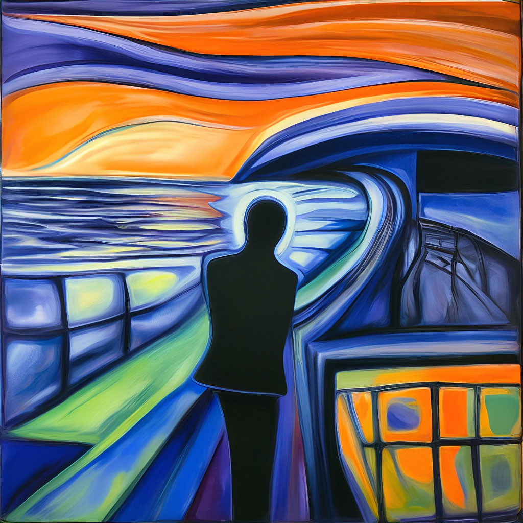 "Existential crisis by Munch, blue, black, green, white, purple, orange ...