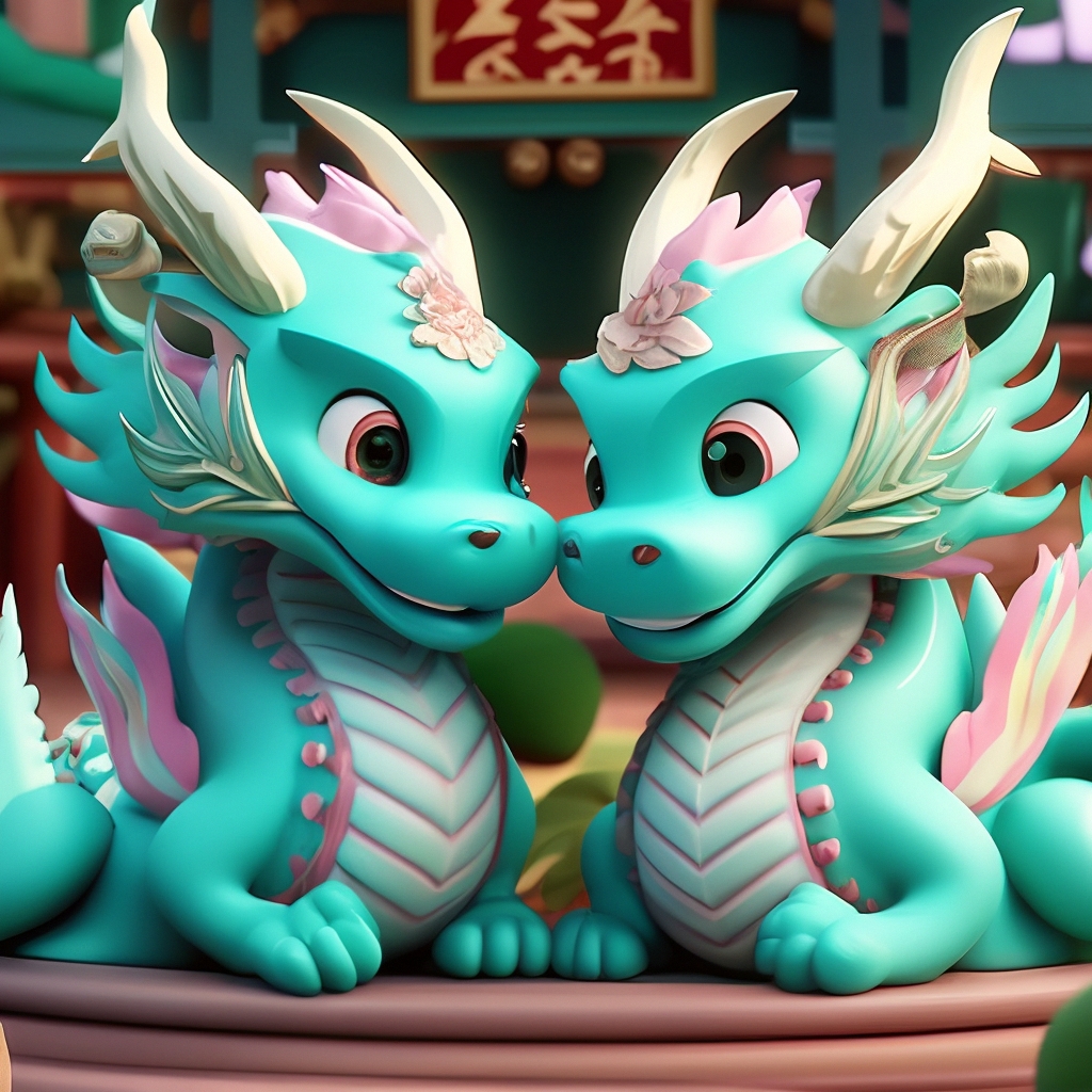 "Cute pair of pastel turquoise Chinese dragons and their dragons in ...