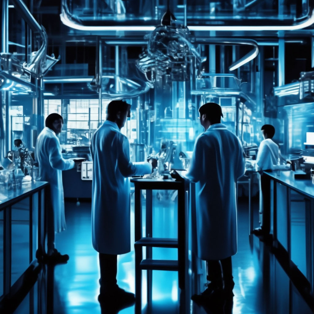"Laboratory of the future, scientists are working Blue color, LED ...