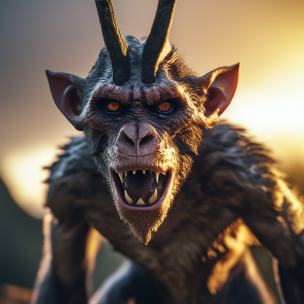 "Mutant monkey with black horns,big black eyes,long claws and a long ...