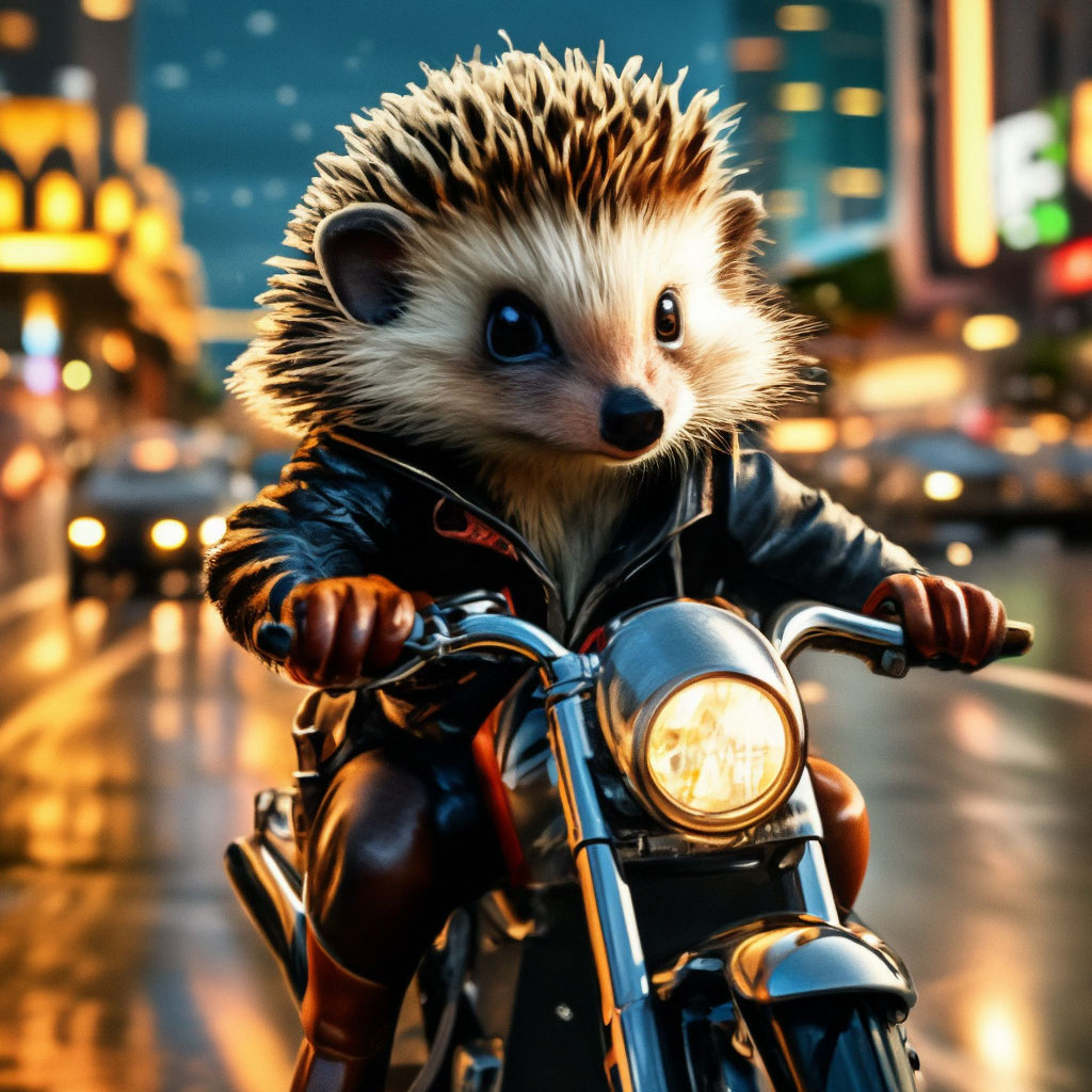"A punk hedgehog with an earring in his ear is racing on a motorcycle ...