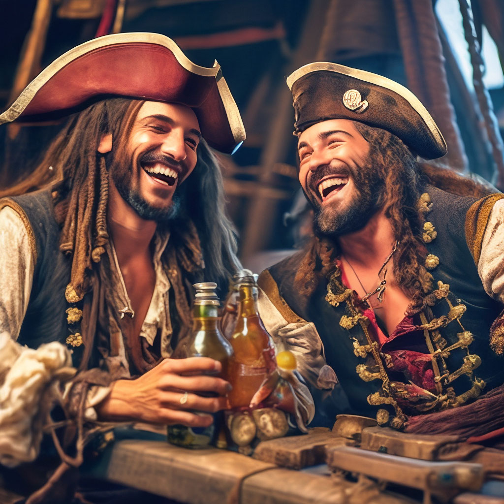 "Pirates drink rum in the hold of the ship, smile, laugh" — image ...