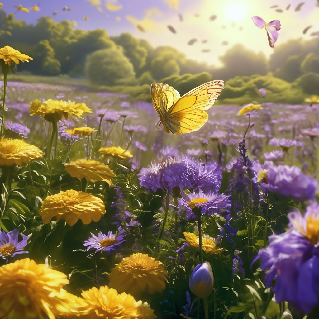 "A pale violet field with golden butterflies and huge birds, the fields ...
