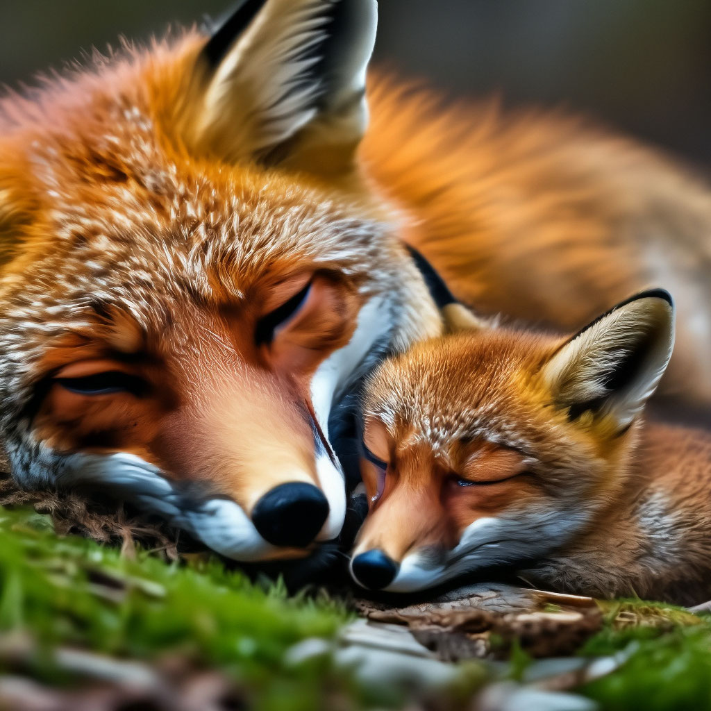 "The female fox puts the baby fox to sleep.The runic image.HDR,32K,RGB+ ...