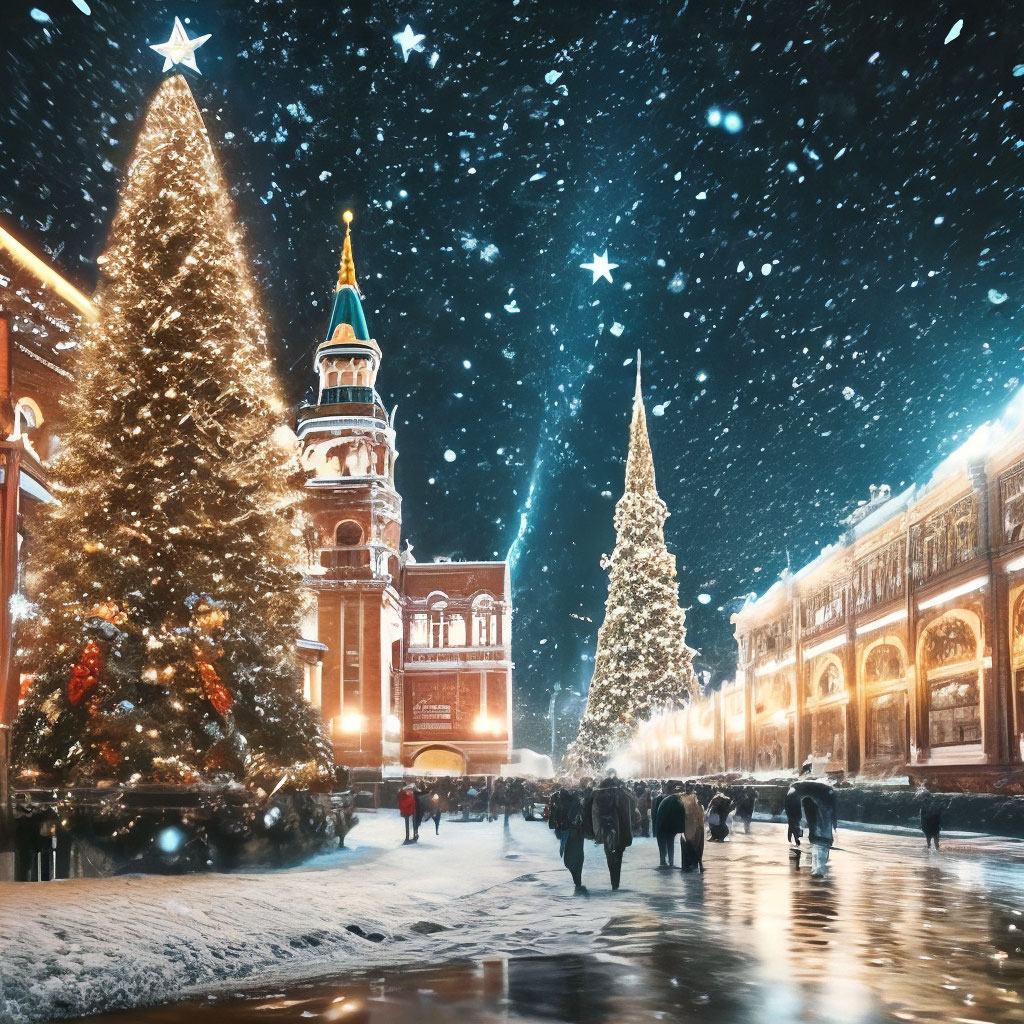 "Hyperrealism. Christmas Winter night tale, beautiful retro city of ...