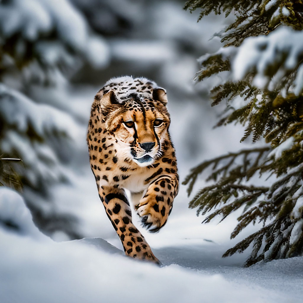 "Snow cheetah is placed crawling in the middle of trees covered with ...