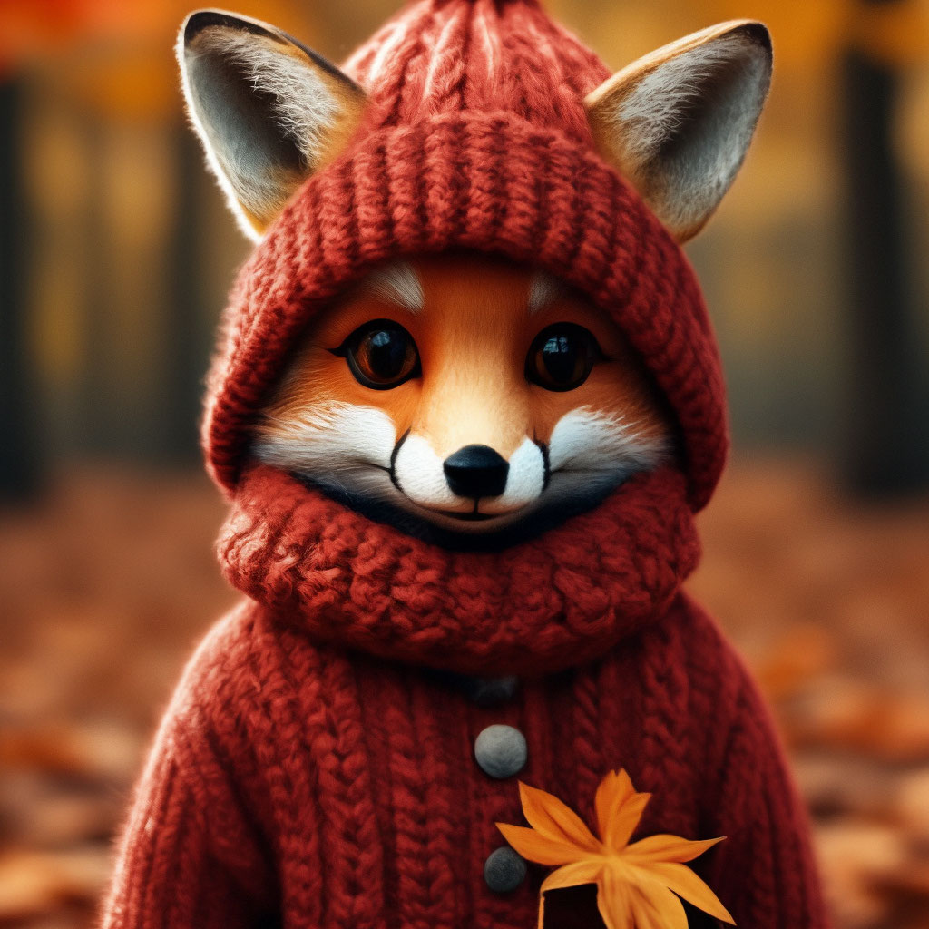 "Beautiful,cute,anthropomorphic autumn baby fox,in a knitted red ...