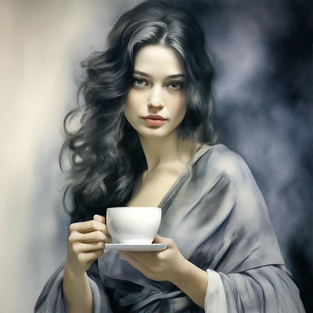 "Gray smoky watercolor, silk painting, charming sad woman in a negligee ...