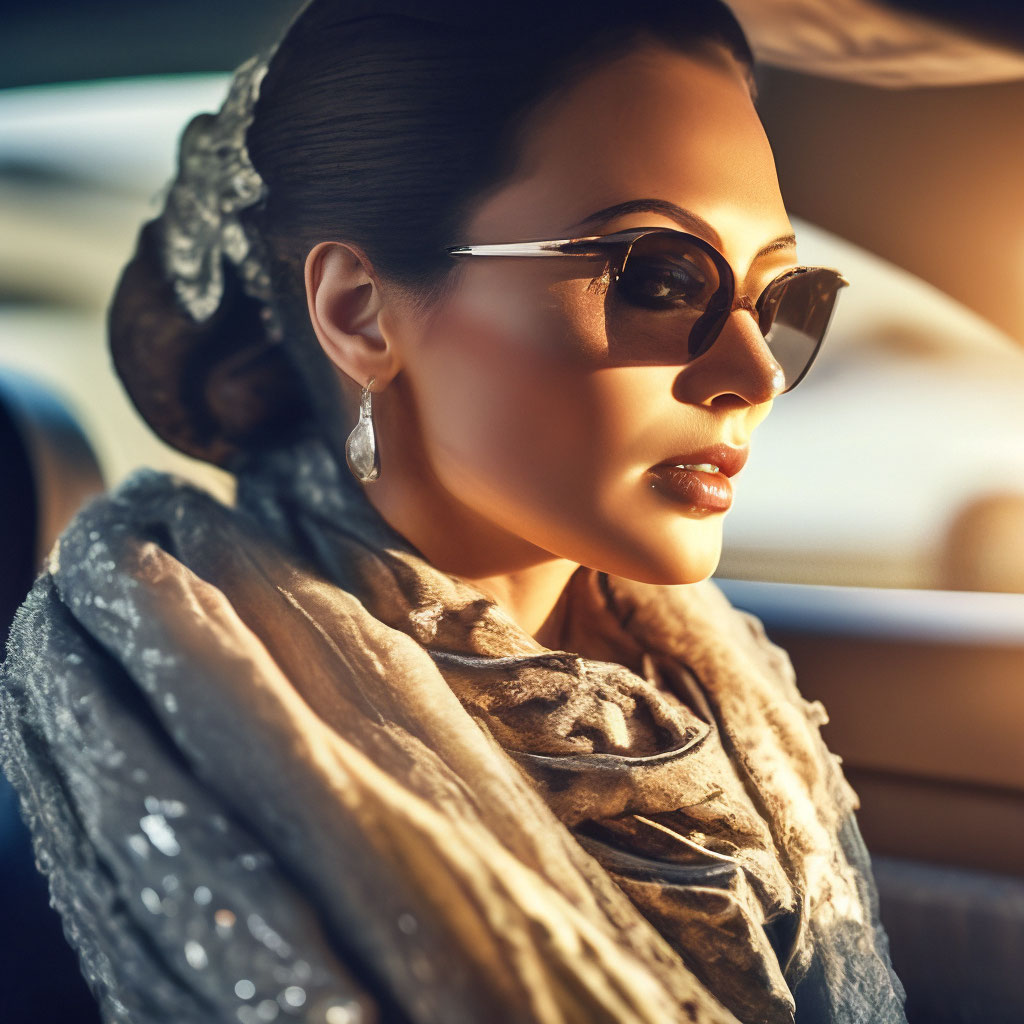 "A luxurious lady is driving a car, shining skin, a scarf, glasses ...