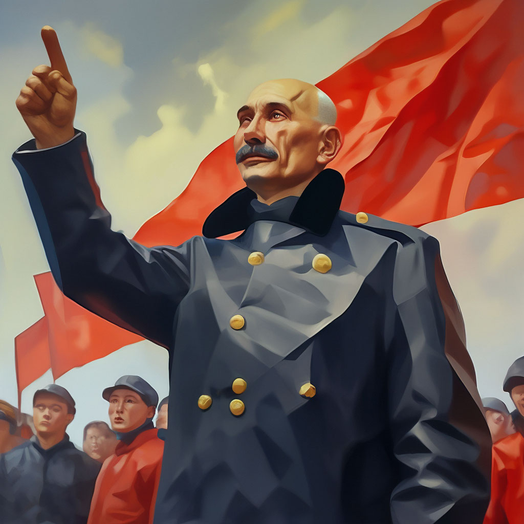 "A commissar in a black leather jacket holds a rally on a collective ...
