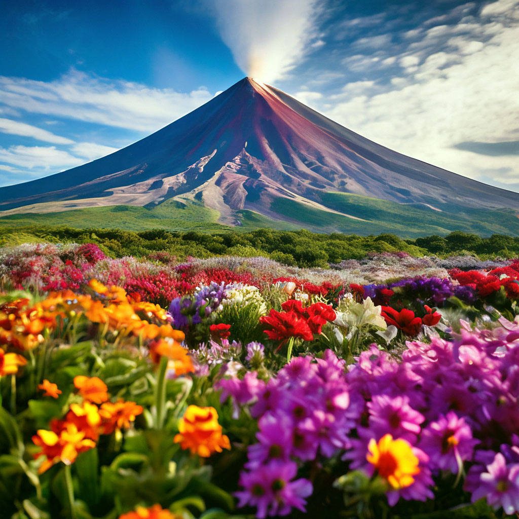 "An active volcano mosaic of flowers" — image created in Shedevrum