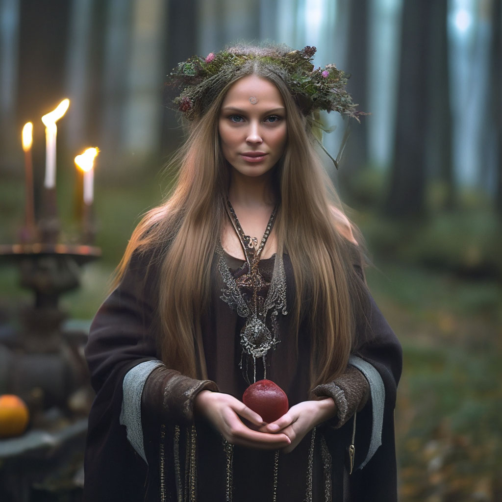 "Ksenia Menshikova, pagan, witch Photorealism, high frame quality ...