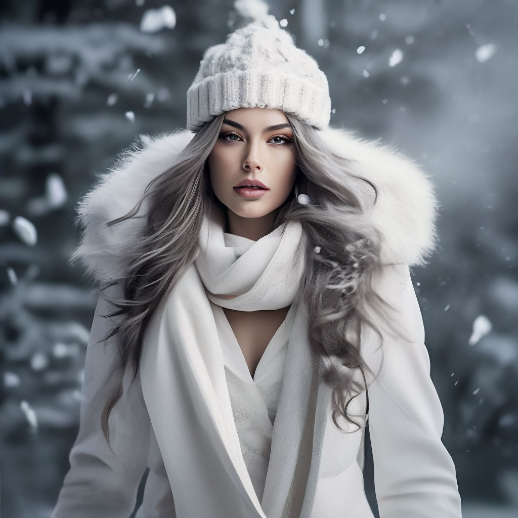 "Arafed woman in a winter hat and scarf blowing snow, wearing a white ...