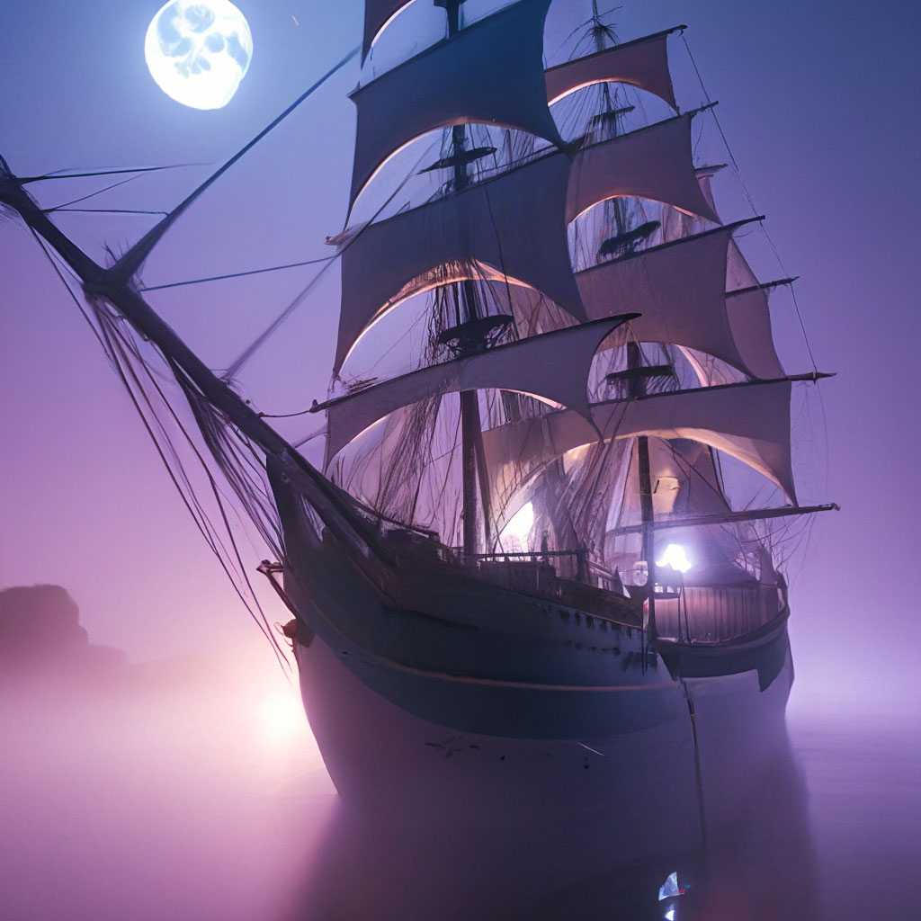 "Night, huge moon,huge ship with sails, close-up, realistic ...