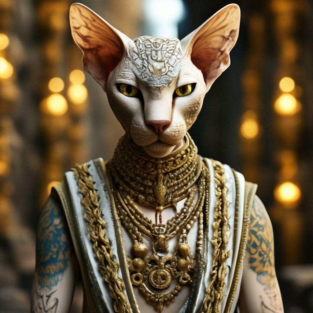 "A humanoid sphinx cat, covered with tattoos in the Aztec manner. In ...