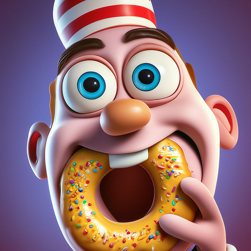 "A cartoon man with a round head and bulging eyes eats a glazed donut ...