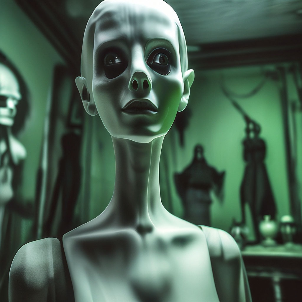"Pale mannequin stands in a creepy abandoned room, focus on terrible ...