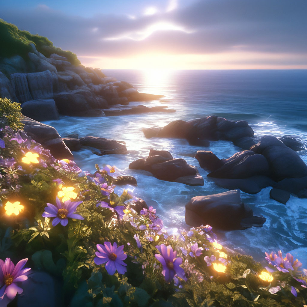 "Endless luminal ocean, rocky shore, flowers, bushes, hyperdetalization ...