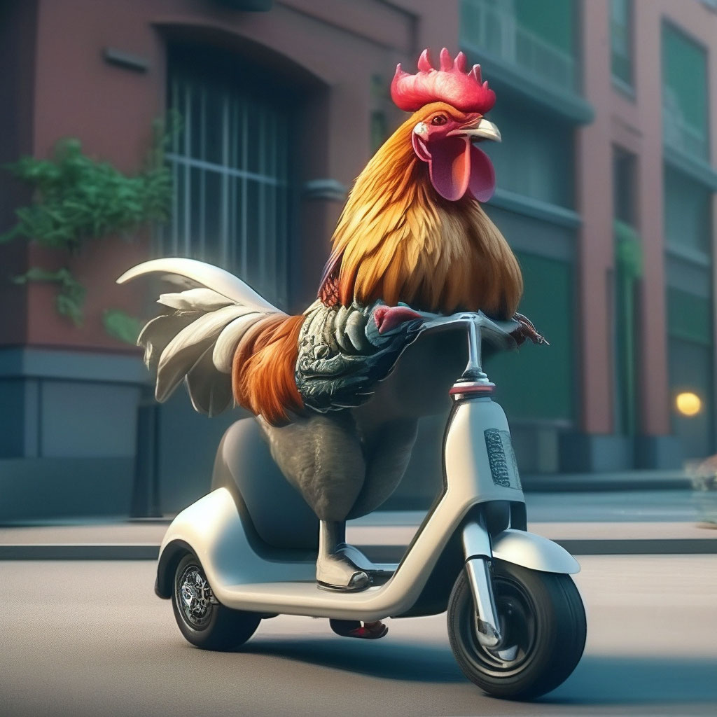 "Rooster on electric scooter, 4k realism" — image created in Shedevrum
