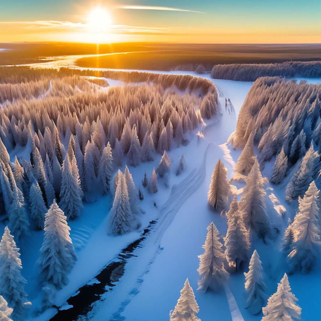"Bird's-eye view, Taiga , beautiful gentle sunset, clear sky, cirrus ...
