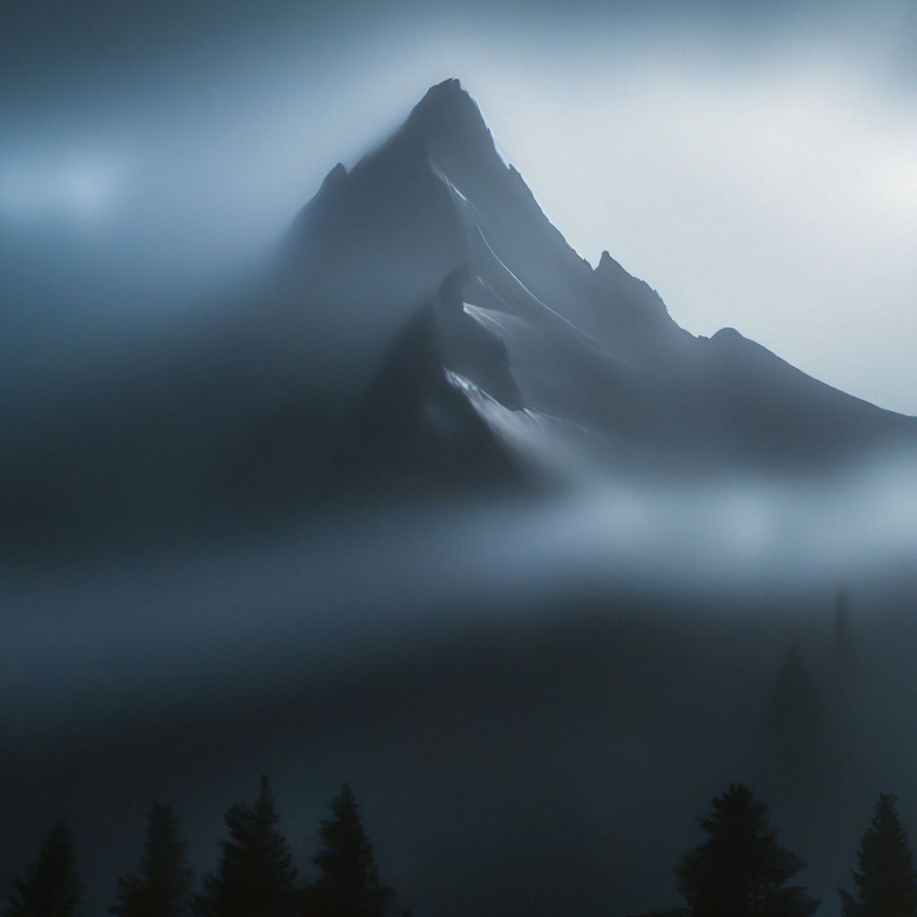 "Fog enveloped the day.only the mountain peak above it shines at ...