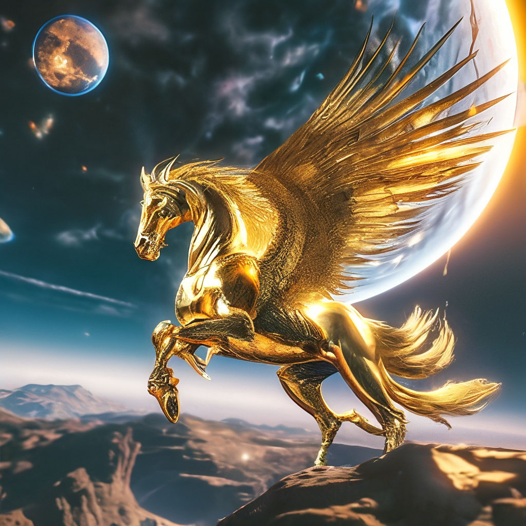 "Golden pegasus, accompanied by dragons, futuristic, aesthetically ...