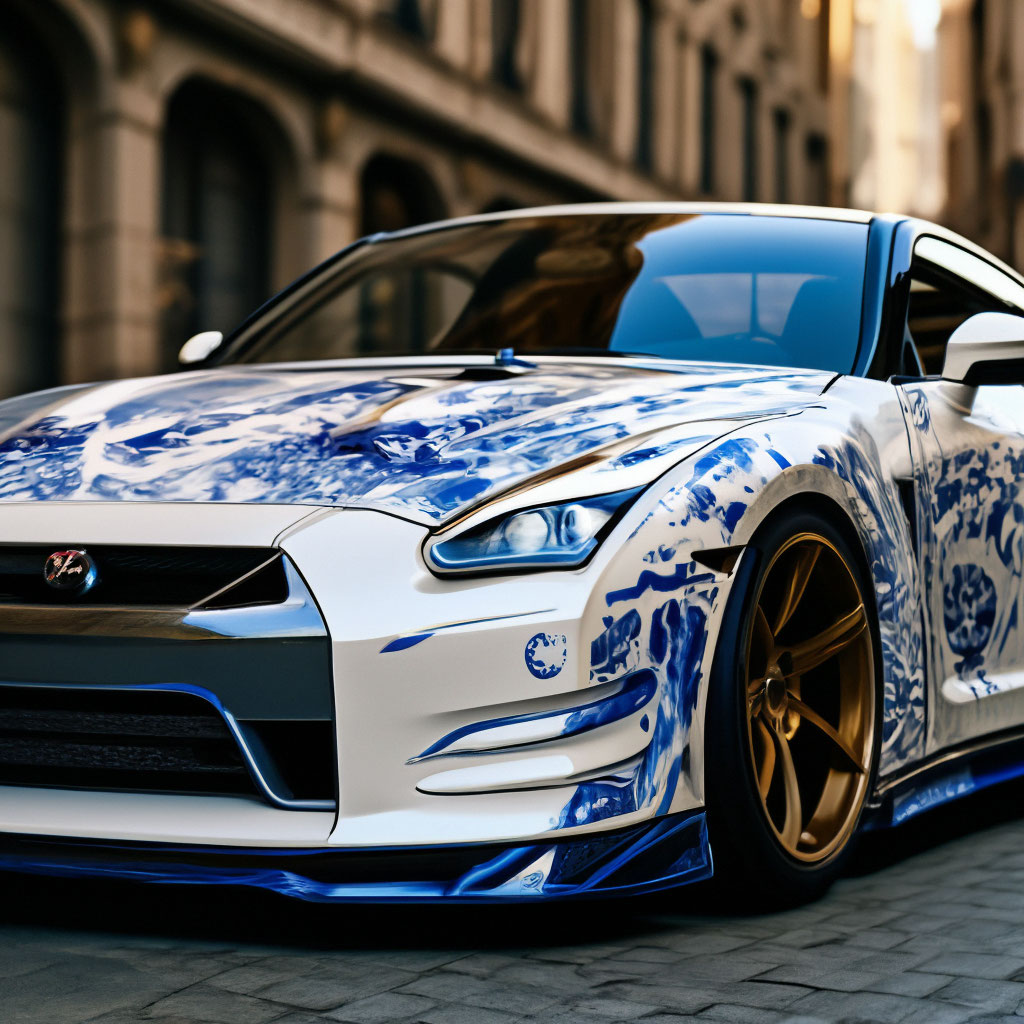 "🚘Auto🚘 surrealism, high detail, nissan gt-r in gzhel style, white body ...