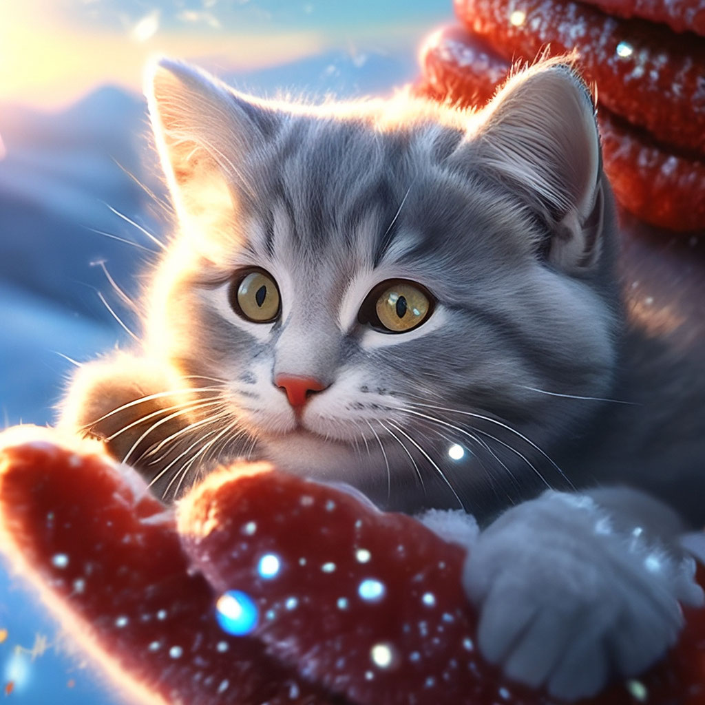 "New Year's magical mood, snowy mountains, in fluffy knitted blue ...