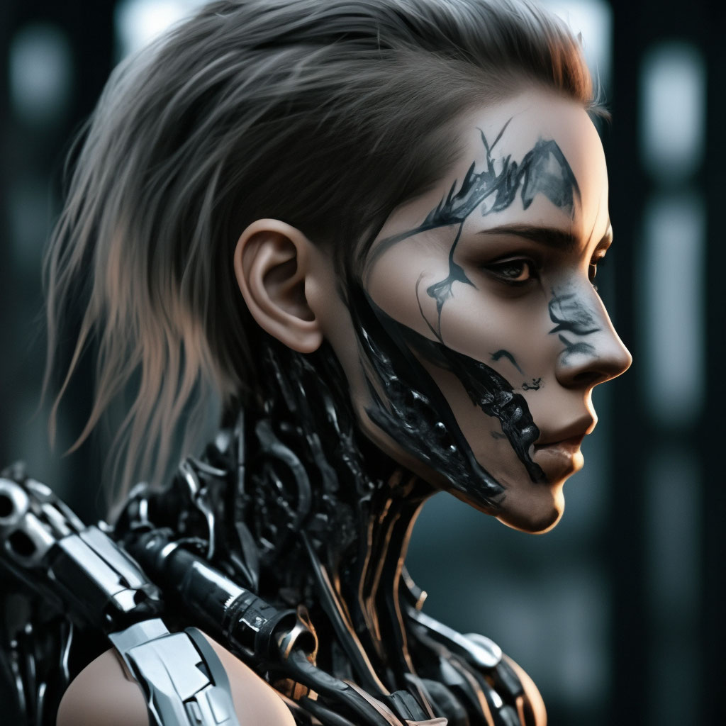 "Undead girl, in exoskeleton, side view, unreal engine 5, steel jaw ...