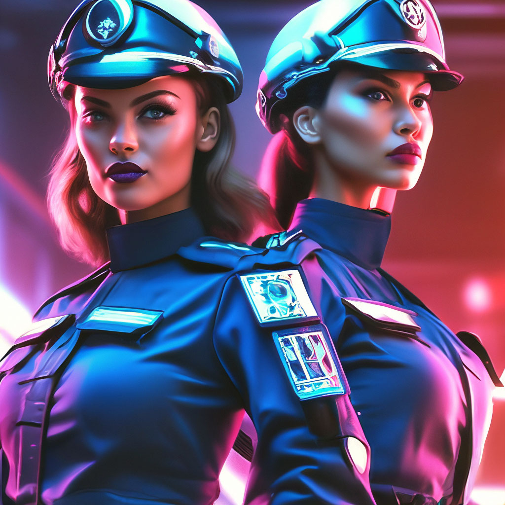 "Very beautiful two police girls in the clothes of the future with ...