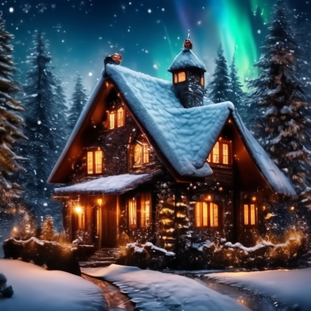 "Fairy-tale house in the forest with Christmas decorations and colorful ...