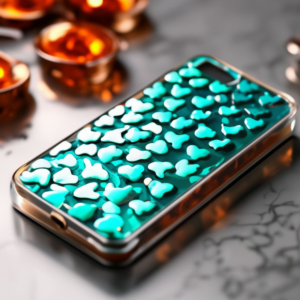"Transparent case, with turquoise sequins in the form of hearts, well ...