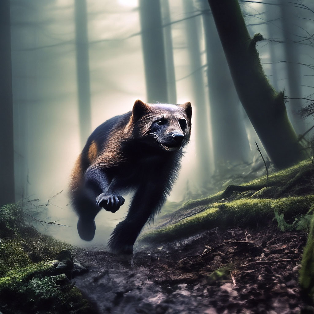 "The wolverine runs through the forest" — image created in Shedevrum