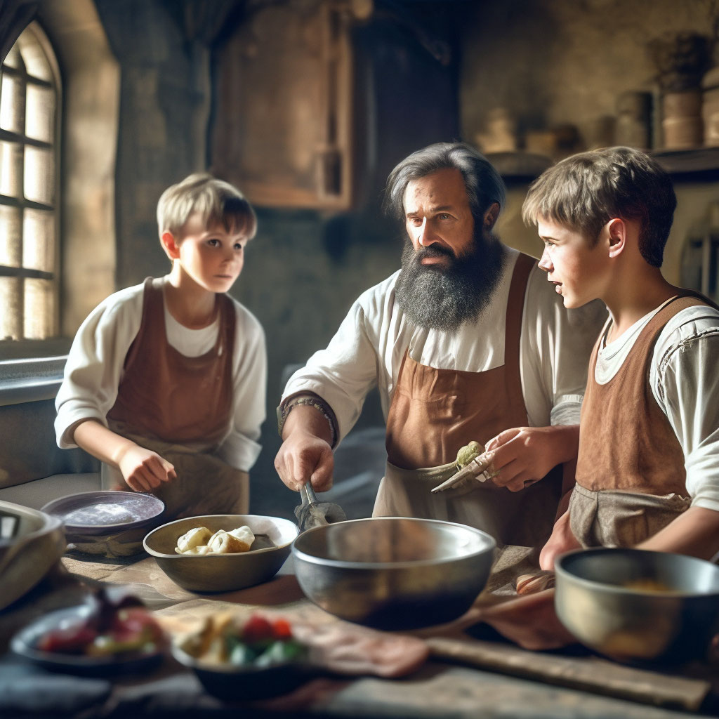 "In the morning, the medieval castle cook (55 years old, tall, large ...