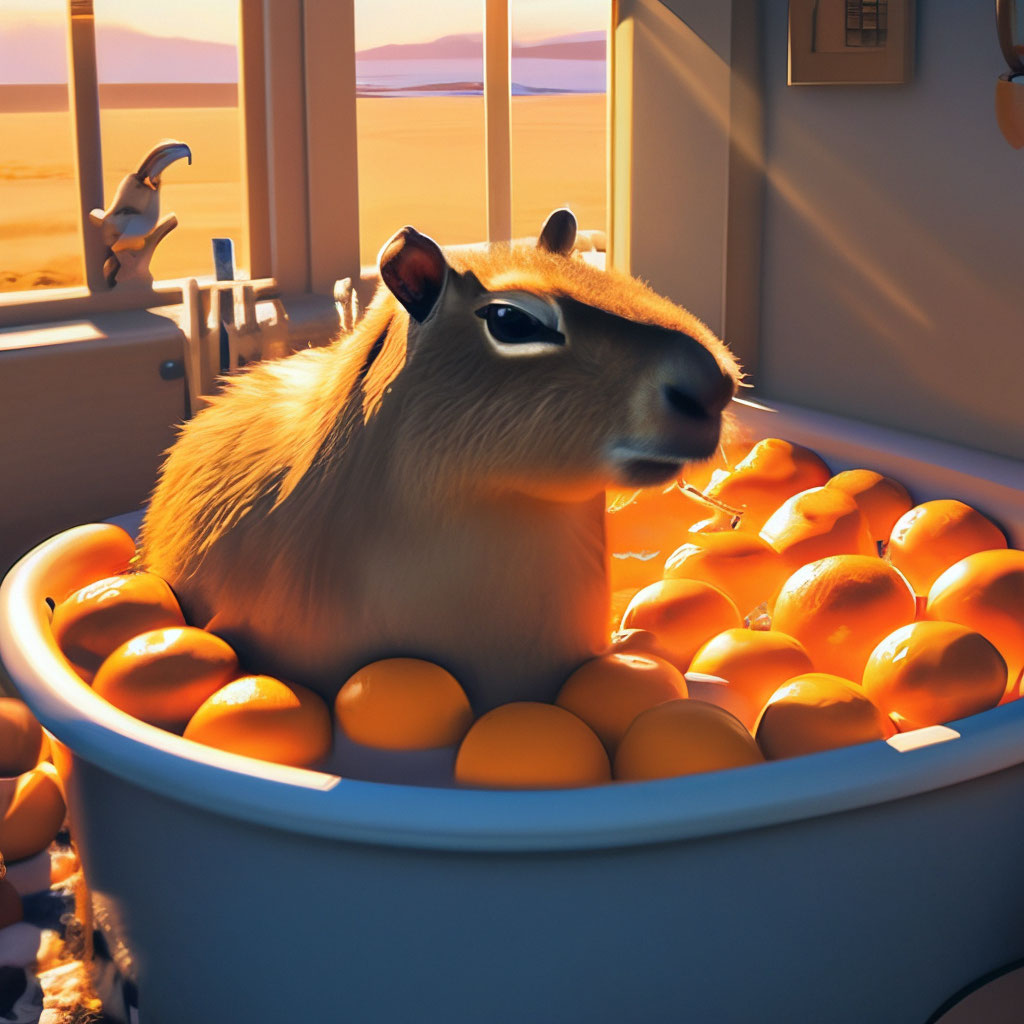 "Capybara bathes in a tub of oranges" — image created in Shedevrum