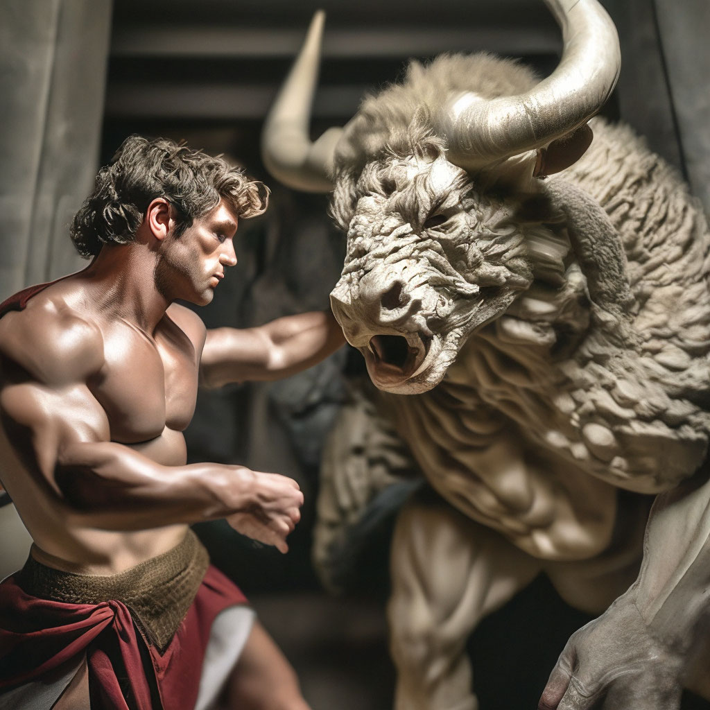 "Hercules versus the Minotaur, hyperrealism" — image created in Shedevrum