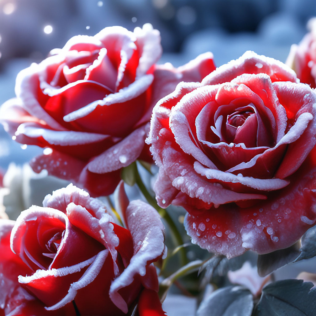 "Computer painting, red roses, silver frost, snow, haze, magically, in ...