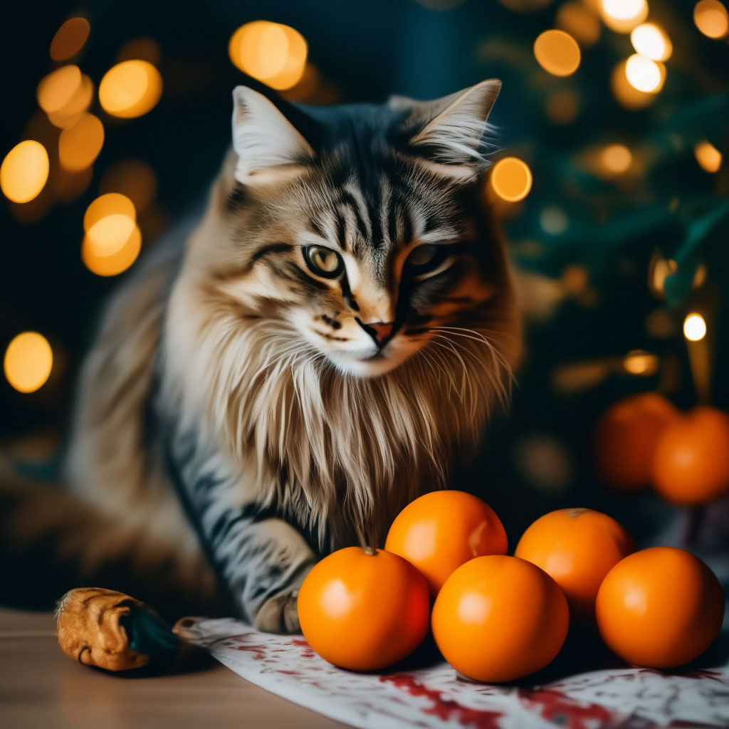 "The cat under the tree is eating delicious Tangerines who are very ...