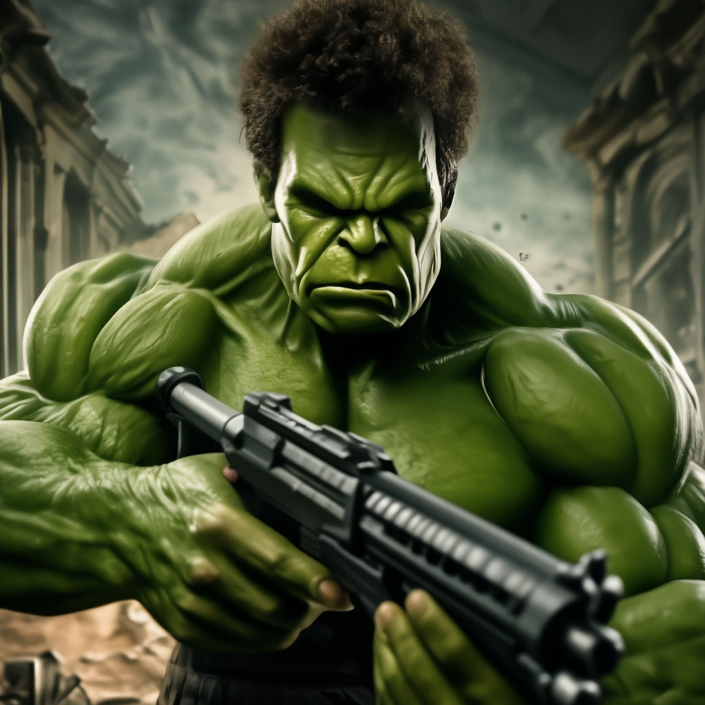 "A very evil HULK in the style of Rimbaud is armed and dangerous PHOTO in REALISTIC detail ...