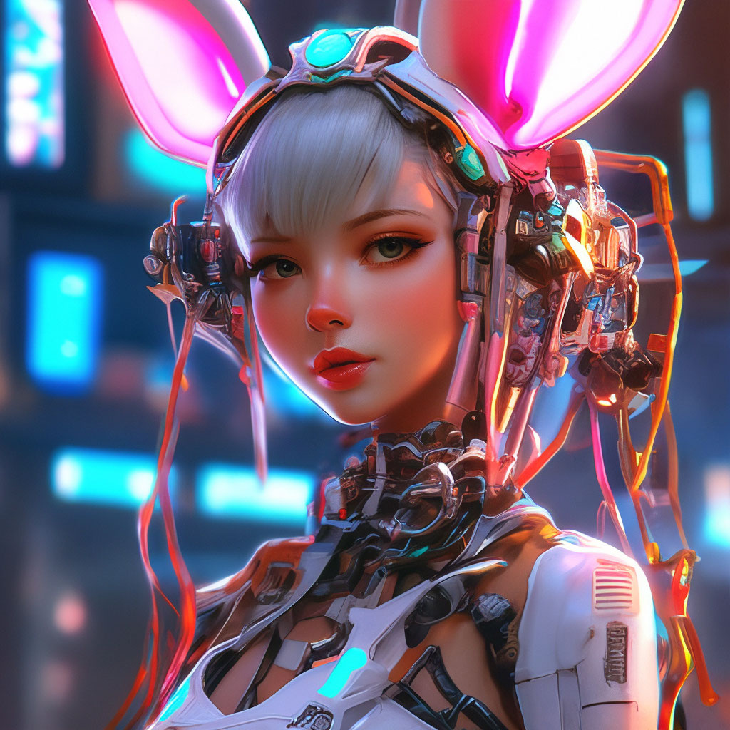 "Cyborg feminine hare,kawaii cyborg rabbit,high detailed face,beautiful ...