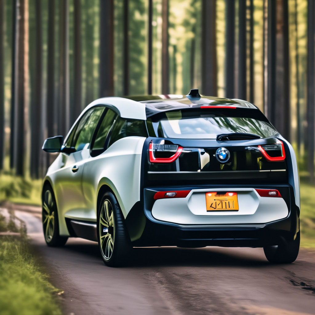 "BMW i3 Modern car in the Taiga, white color, rear view, with the brand ...