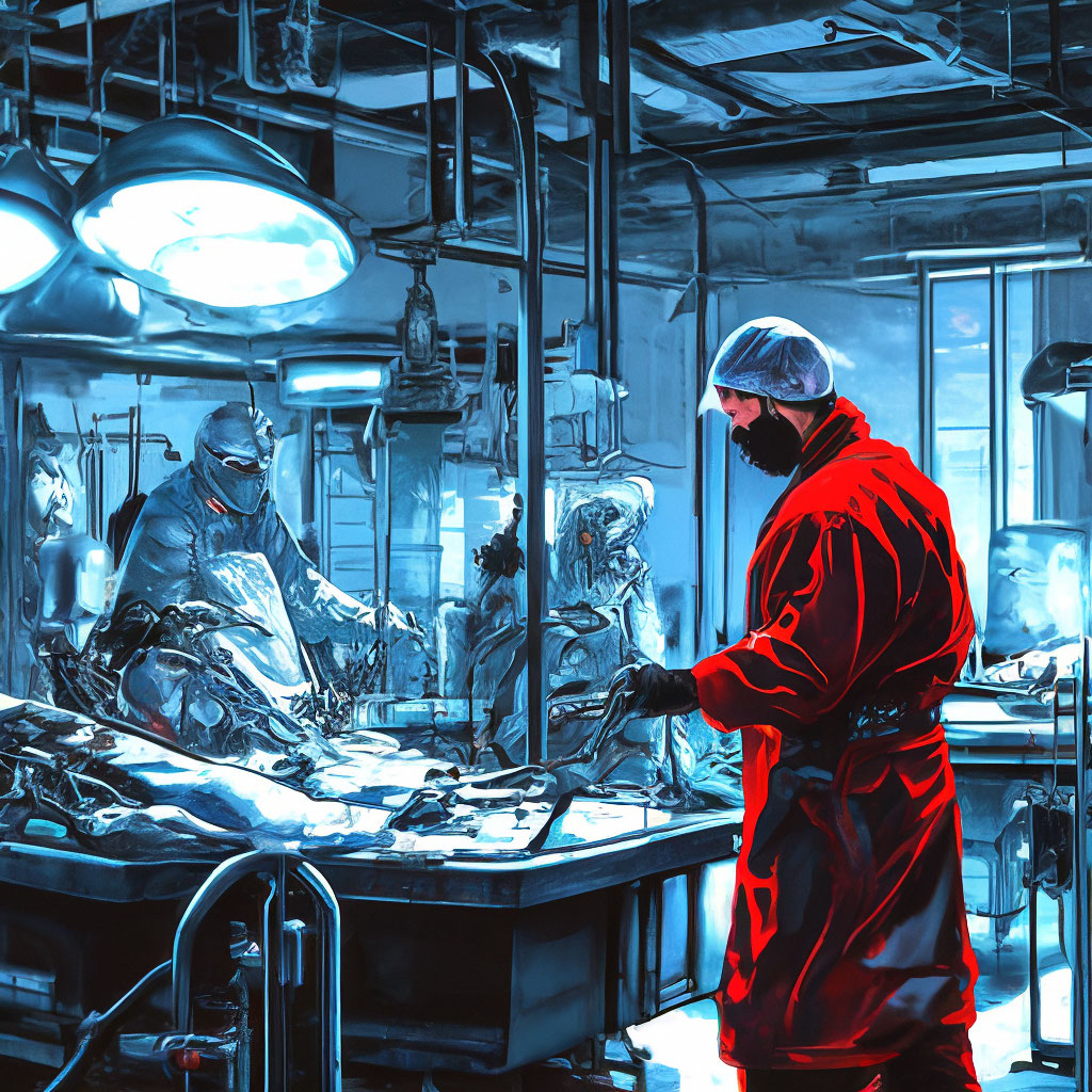 "Arctic Surgeon, in the operating room, cyberpunk style, ink, darkness ...